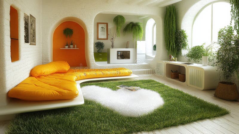 Modern Living Room Interior Design with Yellow Sofa and Green Carpet ...