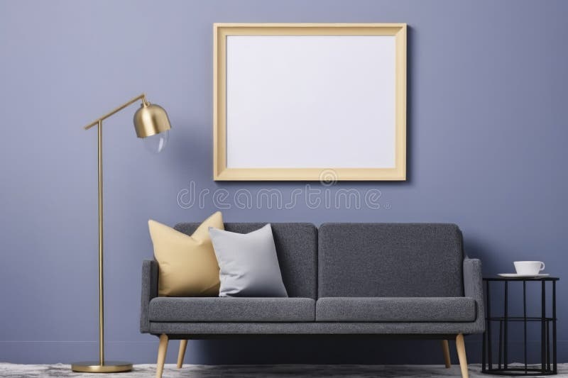 Modern Living Room Interior with Empty Frame Decor Stock Image - Image of comfortable, cozy ...