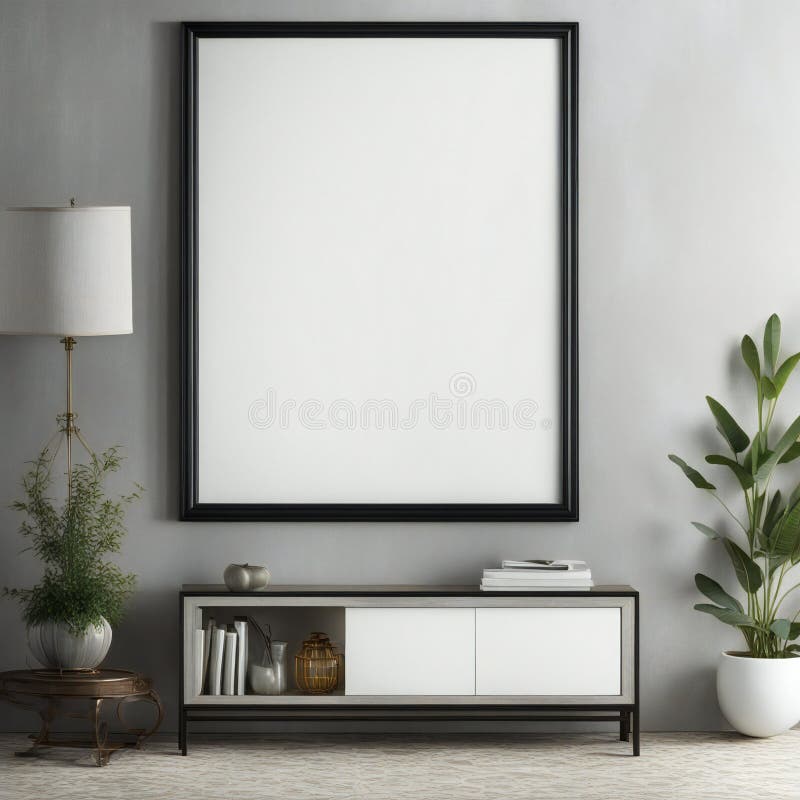 Modern Living Room Interior with Empty Frame, Sideboard, and Houseplants Stock Illustration ...