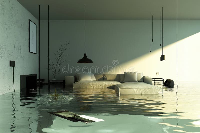 Modern Living Room Interior Flooded with Water at Sunset Stock Image ...
