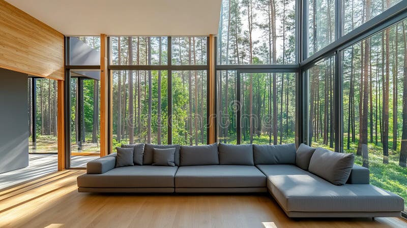 Modern Living Room Interior with Forest View, Scandinavian Design Stock ...