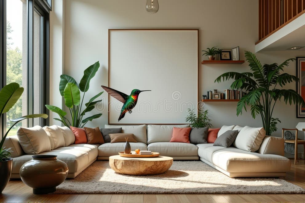 Modern Living Room Interior with Green Hummingbird and Cozy Decor ...