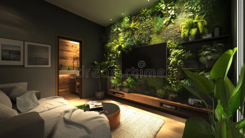 Modern Living Room Interior with Green Wall and Ambient Lighting Stock ...