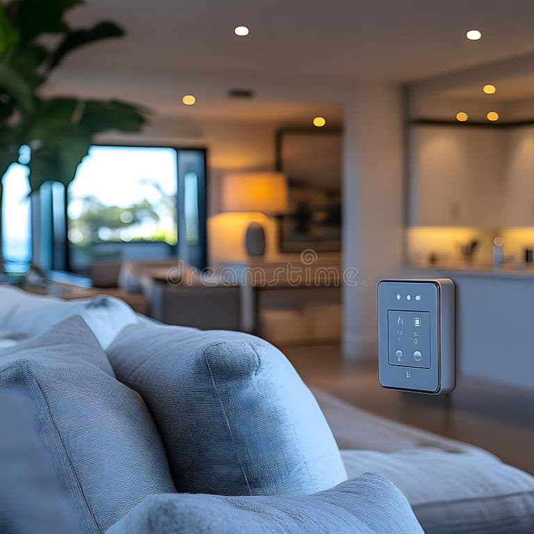 Modern Living Room Interior with Grey Sofa and Control Panel Stock ...