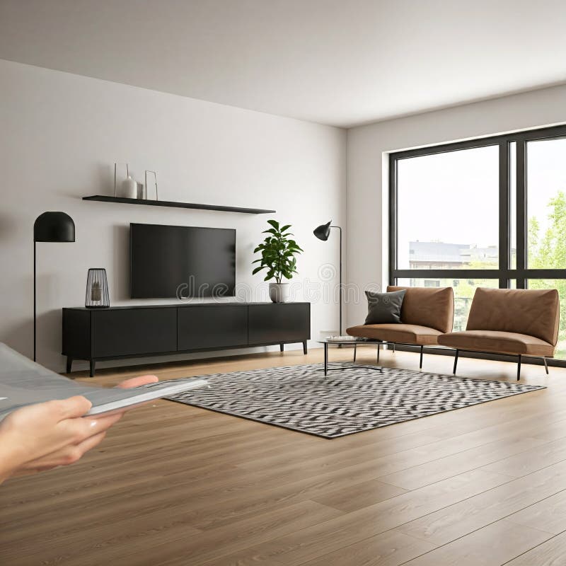 Modern Living Room Interior with Hand Holding a Smartphone Stock ...
