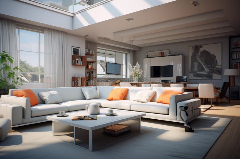 Modern Living Room Interior with Large Windows Stock Illustration ...