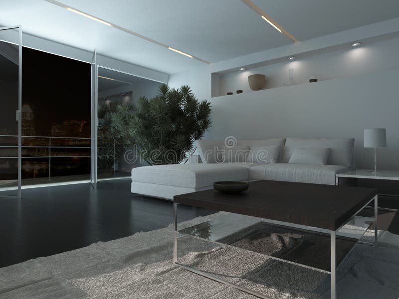 Modern Living Room Interior at Night Stock Photo - Image of minimalist ...