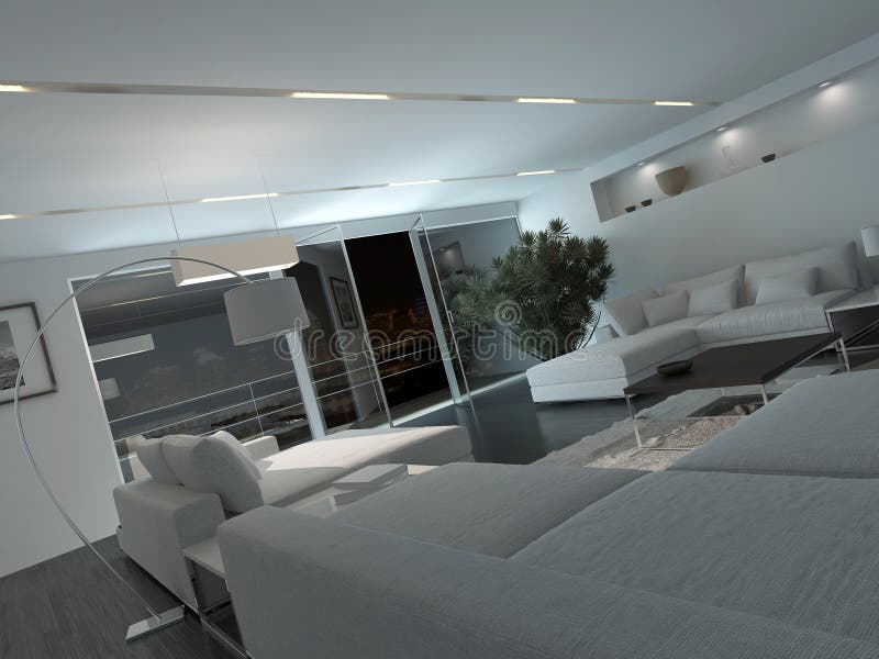Modern Living Room Interior at Night Stock Image - Image of ...