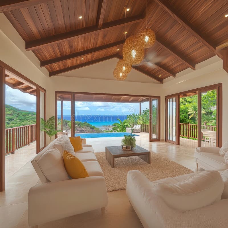 Modern Living Room Interior with Ocean View, Infinity Pool. Open Plan ...