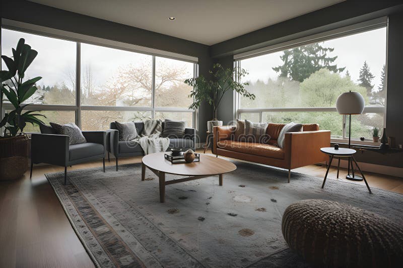 Modern Living Room Interior with Park View, Generative AI Stock ...