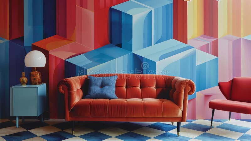 Modern Living Room Interior with Red Sofa, Blue and Red Patterned Rug ...