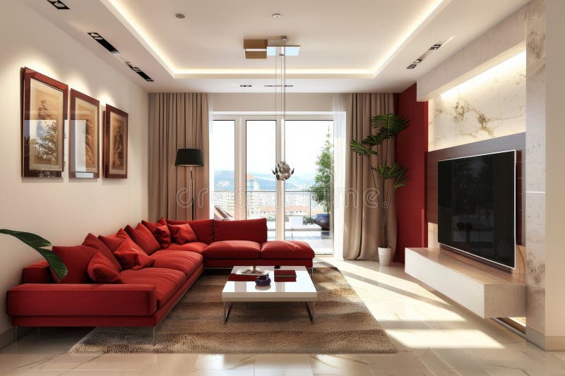 Modern Living Room Interior with Red Sofa and Elegant Decor Stock Photo ...