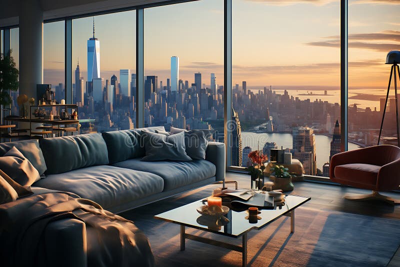 Modern Living Room Interior with Sofa, Coffee Table and City View. 3D ...