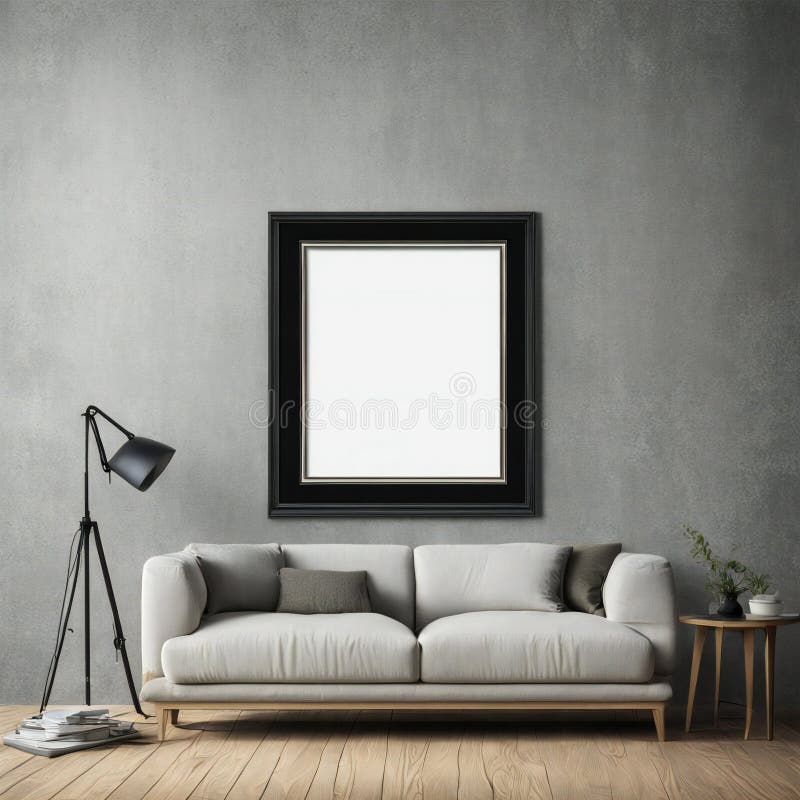 Modern Living Room Interior with Sofa, Lamp, Blank Frame on Wall, and ...