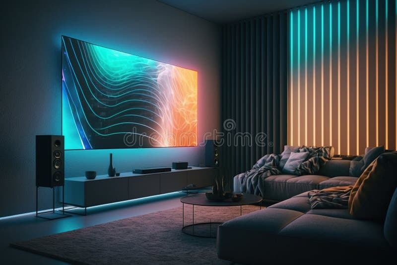 Modern Living Room Interior with Sofa and Large Tv Screen on the Wall ...