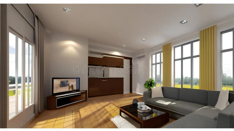 Modern Living Room Interior with Sofa and Television, Bright Sunlight ...