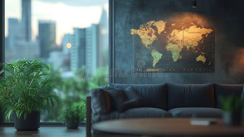 Modern Living Room Interior with Sofa, World Map Decor, and Cityscape View through Large Window ...