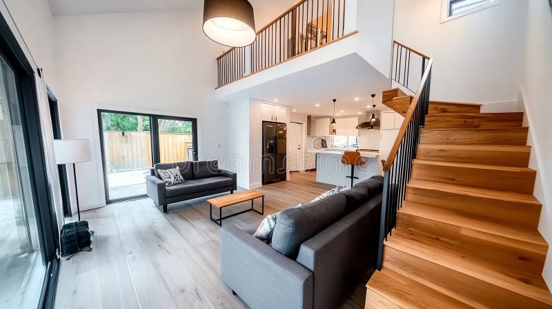 Modern Living Room Interior with Staircase and Open Plan Design, Bright ...