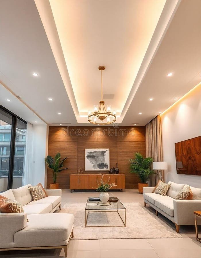 Modern Living Room Interior with a Stretch Ceiling Stock Illustration ...