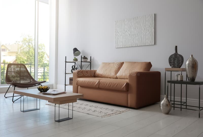 Modern Living Room Interior with Leather Sofa Stock Image - Image of ...