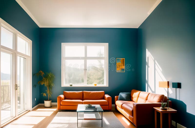 Modern Living Room Interior with Sunlight through Large Panoramic ...