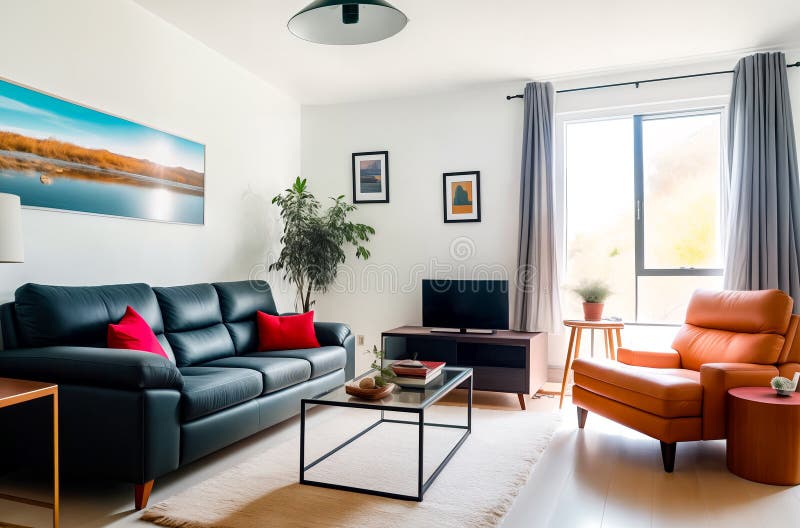 Modern Living Room Interior with Sunlight through Large Panoramic ...