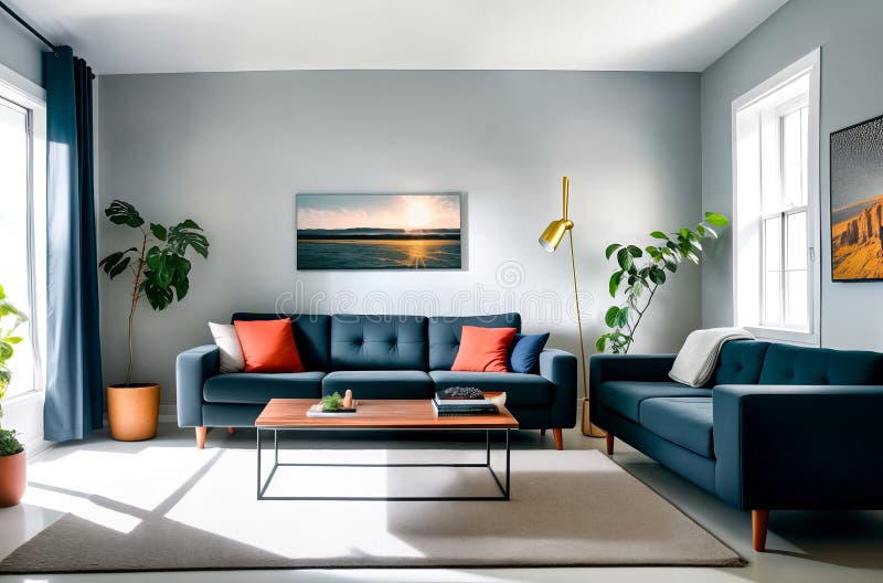Modern Living Room Interior with Sunlight through Large Panoramic ...