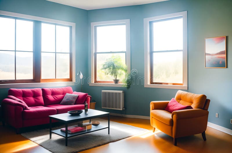 Modern Living Room Interior with Sunlight through Large Panoramic ...