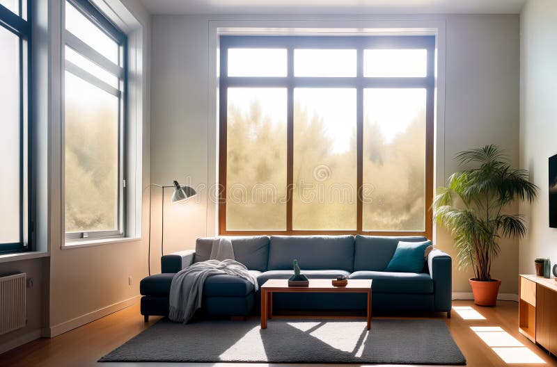 Modern Living Room Interior with Sunlight through Large Panoramic ...