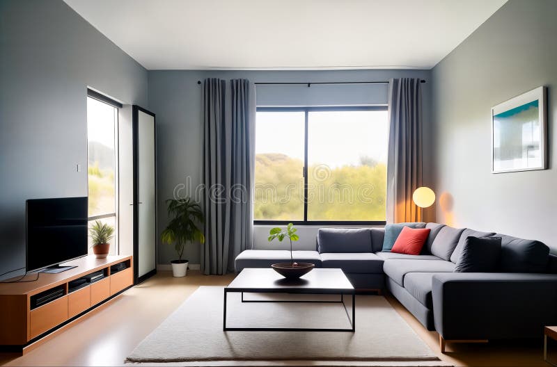 Modern Living Room Interior with Sunlight through Large Panoramic ...