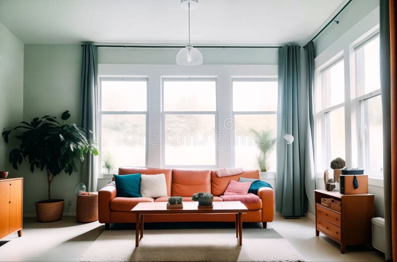 Modern Living Room Interior with Sunlight through Large Panoramic ...