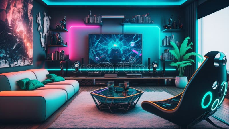 Modern Living Room Interior with Sofa and Television with Neon Lights ...