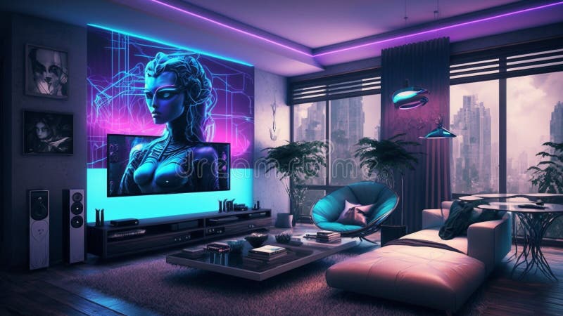 Modern Living Room Interior with Sofa and Television with Neon Lights ...