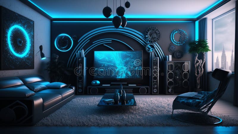 Modern Living Room Interior with Sofa and Television with Neon Lights ...