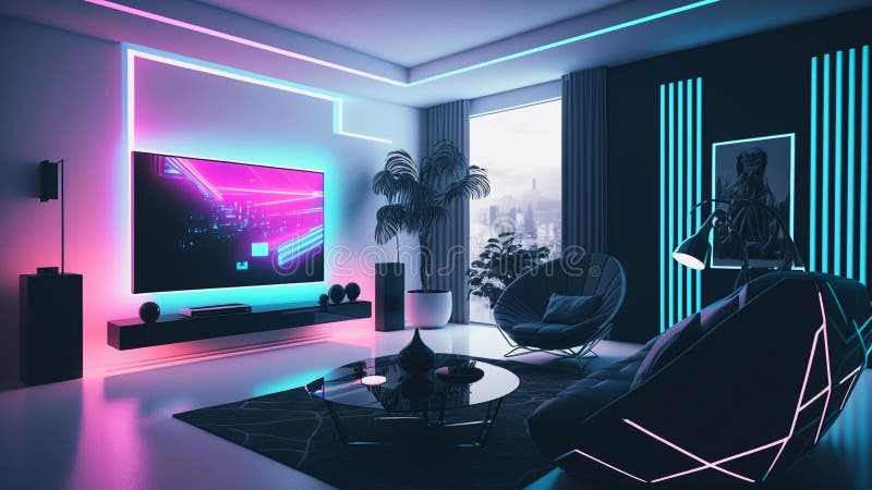 Modern Living Room Interior with Sofa and Television with Neon Lights ...
