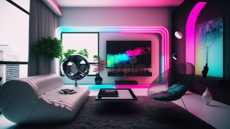 Modern Living Room Interior with Sofa and Television with Neon Lights ...