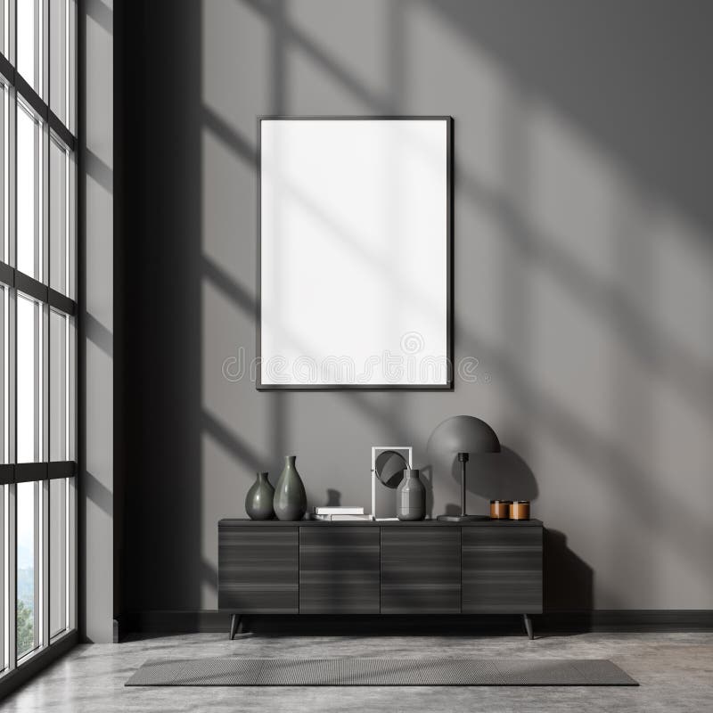 Poster on a Grey Fireplace in a White Living Room Stock Illustration ...