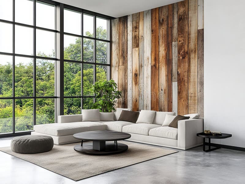 Modern Living Room Interior with Wood Wall and Large Window ...