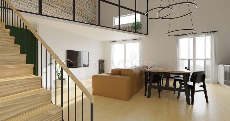 Modern Living Room with Kitchen Area. Luxury Two-level Flat Design ...