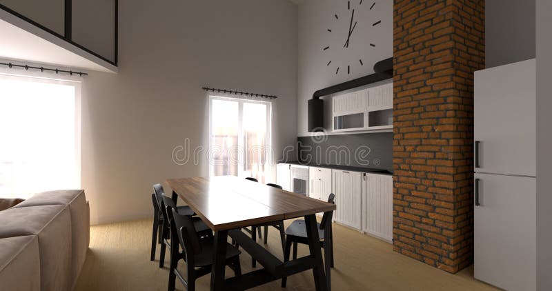 Modern Living Room with Kitchen Area. Luxury Two-level Flat Design ...