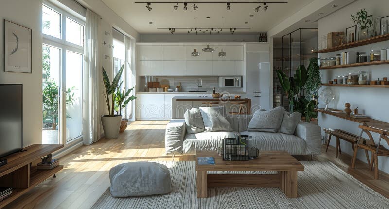 Modern Living Room with Kitchen and Balcony View Stock Photo - Image of ...