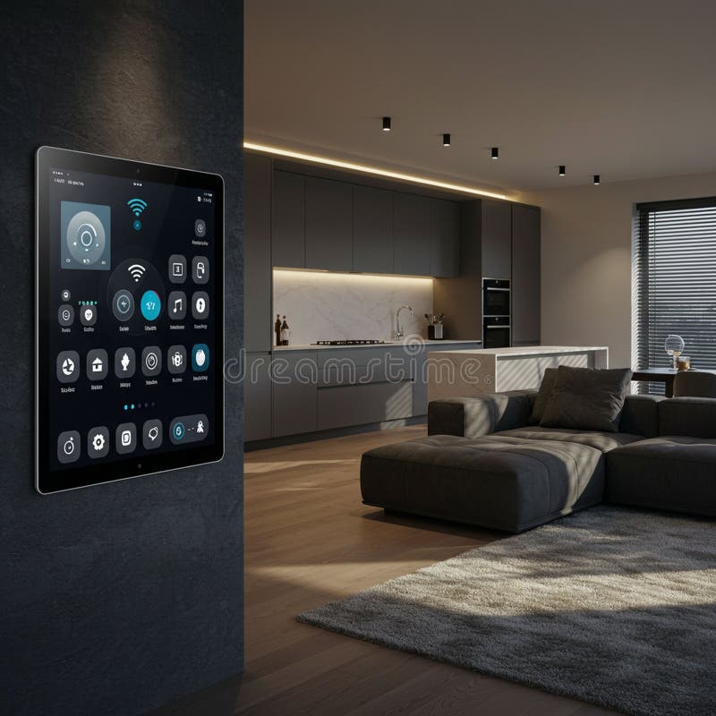 Modern Living Room and Kitchen with Smart Home Features. a Mounted ...