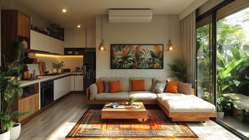 Modern Living Room with Kitchen and Tropical View Stock Illustration ...