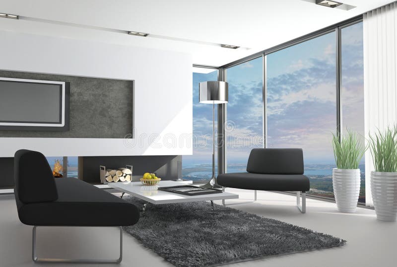 Modern Living Room with Landscape View Stock Illustration ...