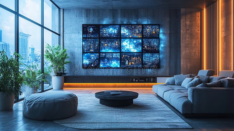 Modern Living Room with Large Screen Displaying Data Visualizations ...