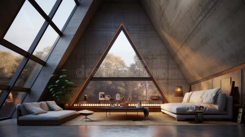 Modern Living Room with Large Triangle Window at Twilight Stock ...