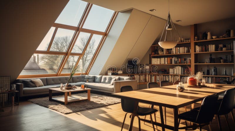 A Modern Living Room with a Large Triangular Window, a Gray Sofa, a ...