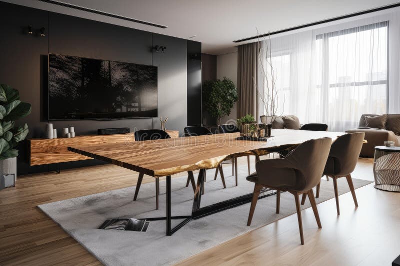 A Modern Living Room with a Large Video Conference Table and High-tech ...