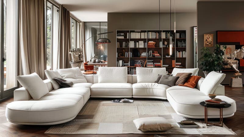 Modern Living Room with a Large White Sectional Sofa, a Rug, and a ...
