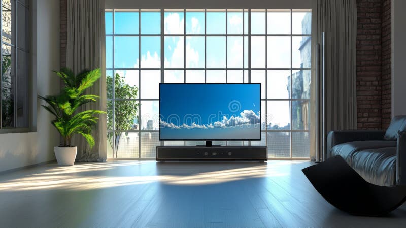 Modern Living Room with Large Window and Flat Screen TV Stock ...